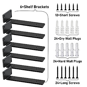 Premium Heavy Duty Shelf Brackets – 0.2In Thick Black L Shape Shelf Bracket, Hidden Steel Brackets for Shelves - 8 Inch Heavy Duty Floating Shelf Hardware (6Pcs)