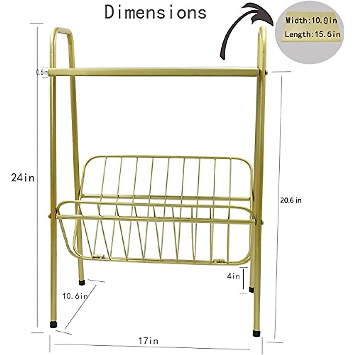 Jbikao Side Table, Gold End Table with Magazine Holder, Record Player Stand with Storage, Bedside Table Nightstand for Living Room, Bedroom, Office, Metal