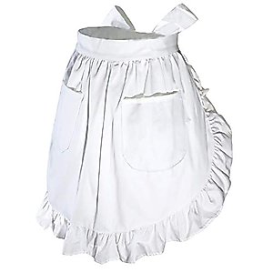 Generic Wai Apron Cute Retro Vintage Apron oking Kitchen Ruffle Maid Apron with Pockets for Women Girls (White),One Size