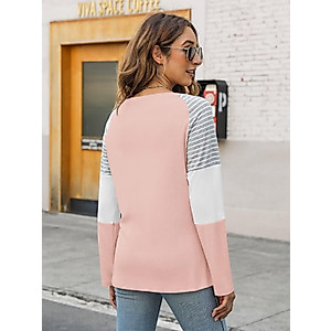 Minetom Women's Color Block Tunic Tops Striped Long Sleeve Shirts Casual Round Neck Pullover B Pink