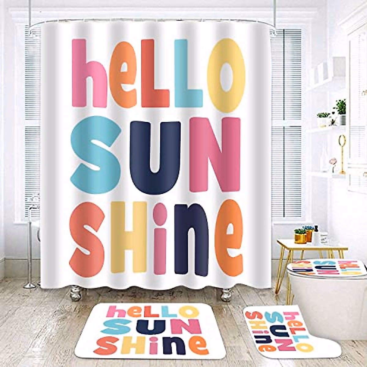 SDDSER Hello Sunshine Shower Curtain Set, 4PCS Bathroom Sets with Shower Curtain and Bath Mat, Toilet Lid Cover and U Shaped Rugs, 71"x72" Polyester Fabric Bathtub Curtain with Hooks, SETLSSD43