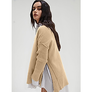 DEEP SELF Women's V Neck Oversized Sweaters 2024 Fall Winter Long Sleeve Split Hem Casual Asymmetric Tunic Pullover Sweater Knit Tops (Apricot, Small)