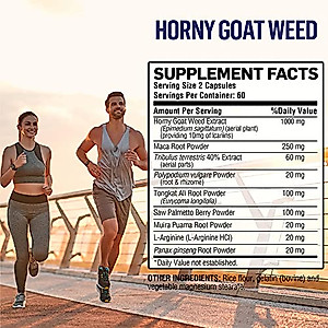 Simple Organica Horny Goat Weed for Men and Women - 120 Capsules, with Maca Root, Tongkat Ali, Saw Palmetto, L-Arginine. Energy, Stamina, Strength, Endurance, Joint Health - Non-GMO Formula