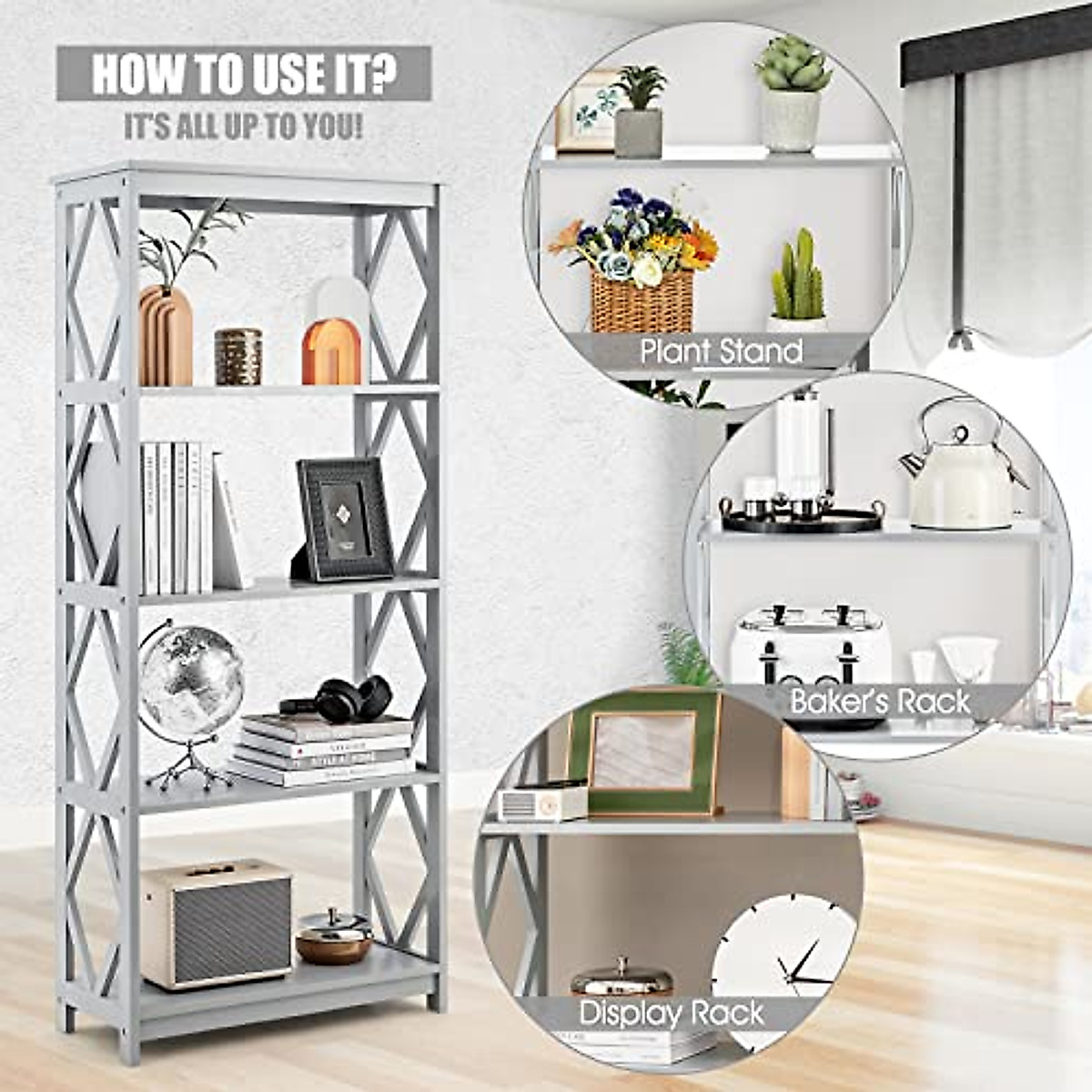 Giantex 5-Tier 61" Tall Wooden Bookshelf - Modern Freestanding Open Shelving Storage Display Shelf with Anti-toppling Device, Easy Assembly Bookcase Shelf Rack for Bedroom, Living Room, Grey