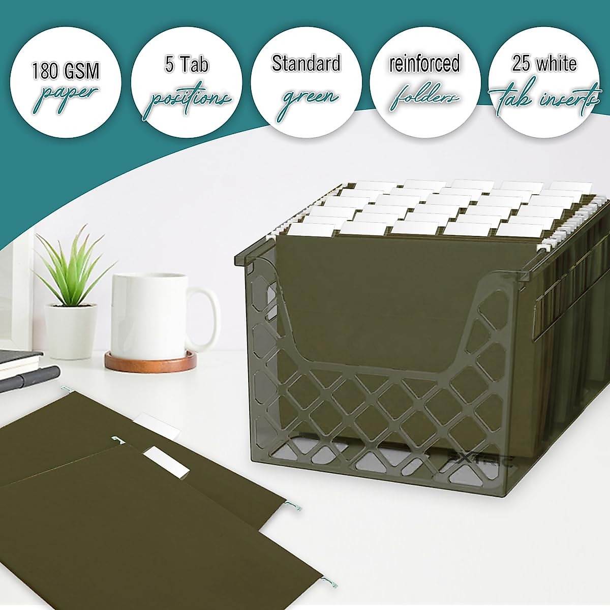 Hanging File Folders Letter Size, Hanging Files 25 Pack 1/5 Cut Heavyweight 180 GSM Reinforced Green File Cabinet Folders