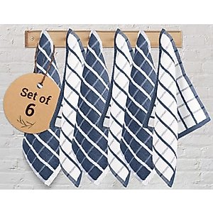 Urban Villa Dish Cloths Terry Cotton Pack of 6, Highly Absorbent Quick Drying Super Soft Premium Dish Towels for Kitchen with Hanging Loop Hand & Tea Towels - 12x12 Inch, (Blue & White, Checks)