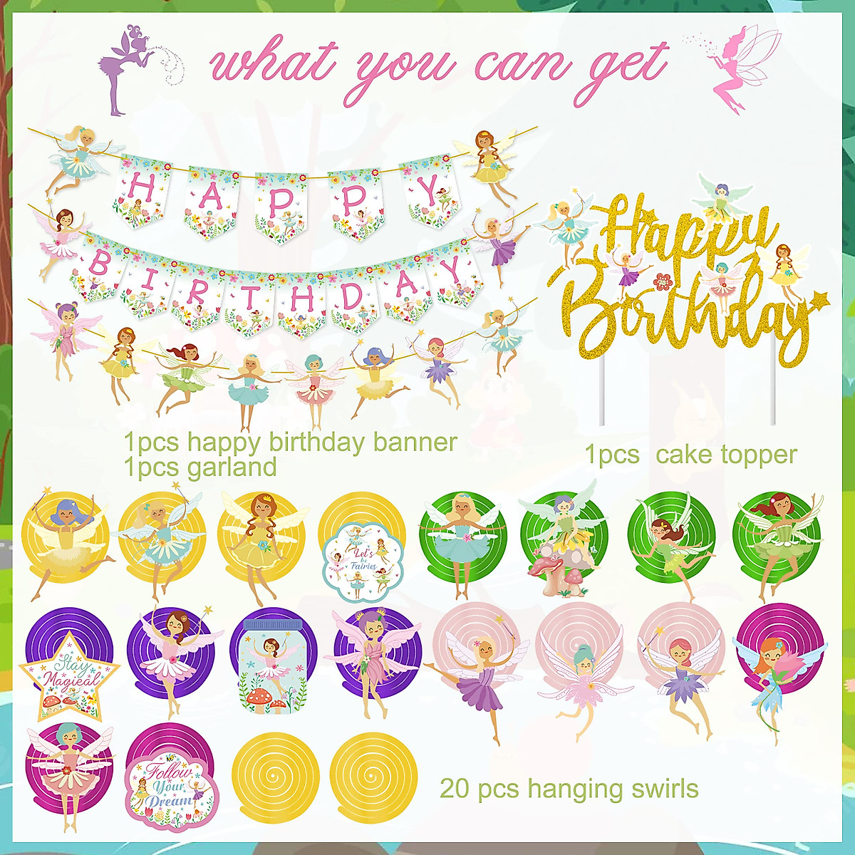 22Pcs Flower Fairy Birthday Decorations Garden Fairy Hanging Swirls Happy Birthday Banner Magical Fairy Cake Topper for Girls Birthday Party Baby Shower Decor