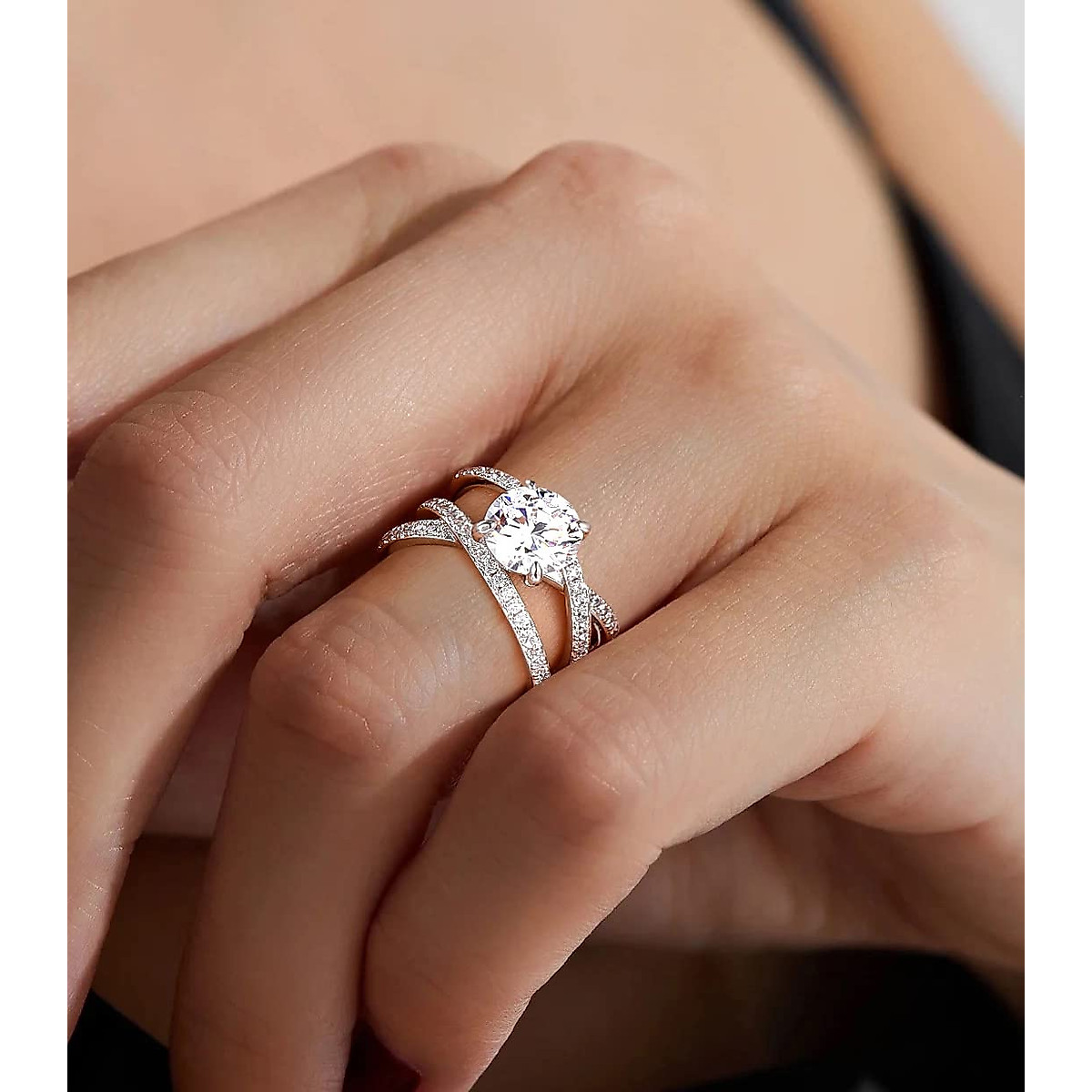 TIGRADE 2CT Criss Cross Promise Ring for Women Cubic Zirconia Engagement Ring CZ Statement Wedding Band Size 3-12, Silver, Size 8