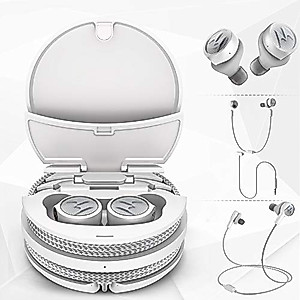 Motorola Tech 3-3-in-1 Smart True Wireless Headphones - Cordless Earbuds, Sport Wire, Audio Plug-in - IPX5, Built-in Microphone, Magnetic Charging Case with Cable Storage System - Platinum White