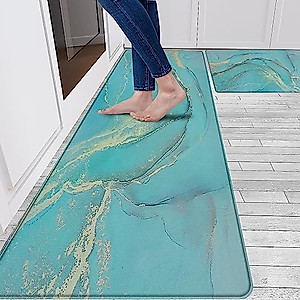 Sofort Anti Fatigue Kitchen Mats for Floor 2 Piece Set, Cushioned Memory Foam Kitchen Rug, Non Slip Waterproof Teal Marble Kitchen Mat, Comfort Standing Mats for Kitchen, Laundry, Office, Sink