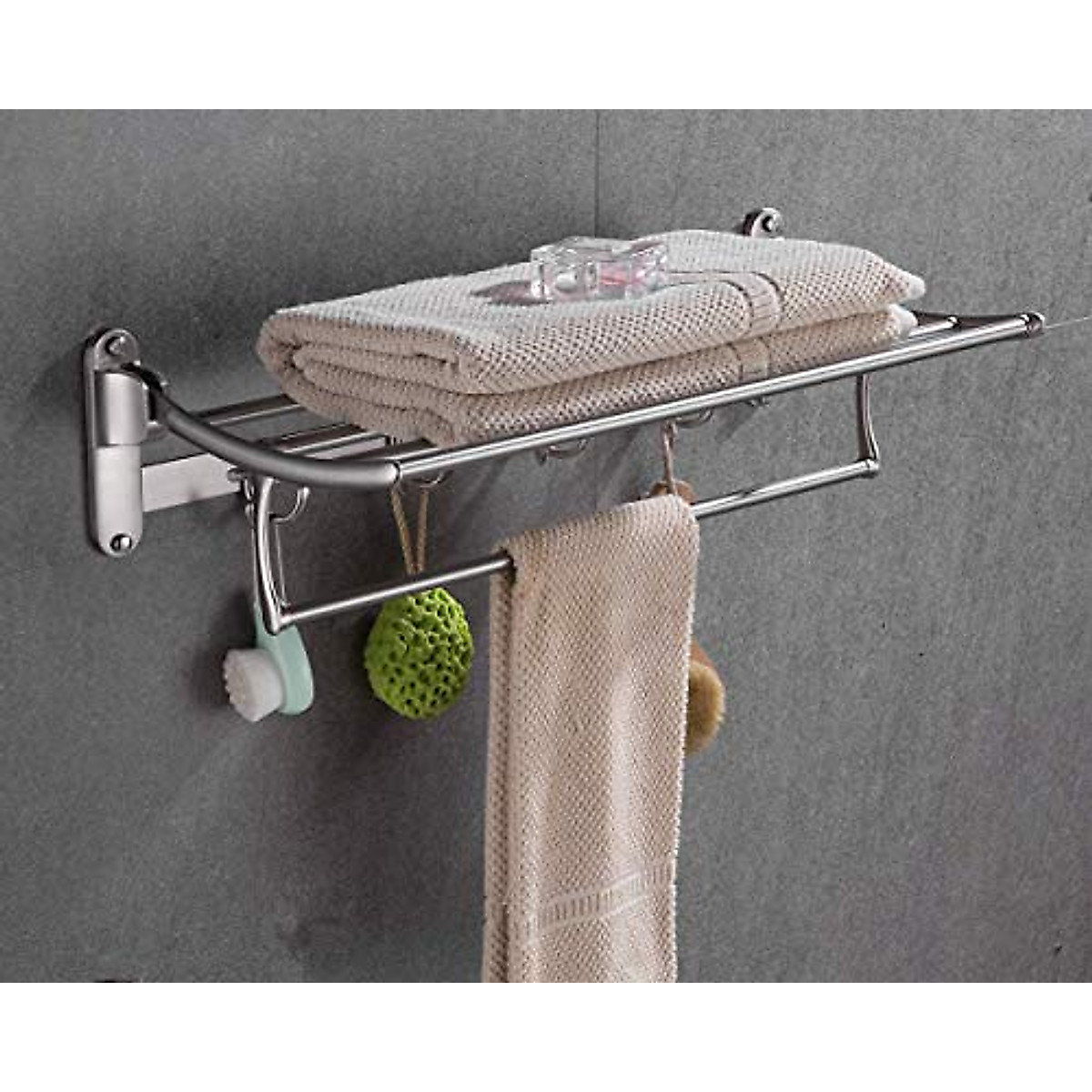 ELLO&ALLO Towel Racks for Bathroom Shelf with Foldable Towel Bar Holder and Hooks Wall Mounted Multifunctional Racks, Brushed Nickel