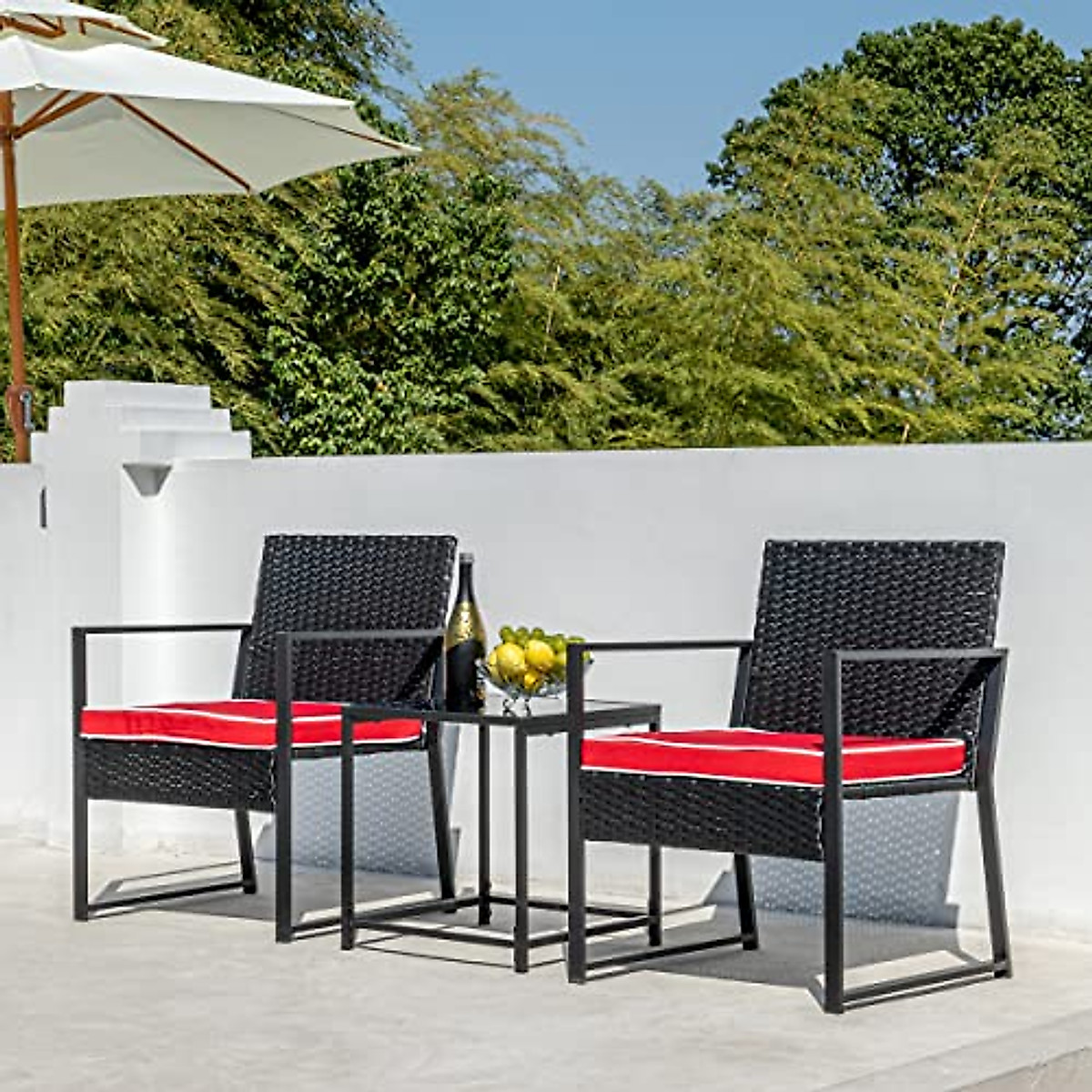 Aug-guan Patio Furniture Set,Wicker Bistro Set 3 Pieces Outdoor Furniture,Rattan Table and Patio Chairs Set for Balcony,Yard,Porch and Deck-red