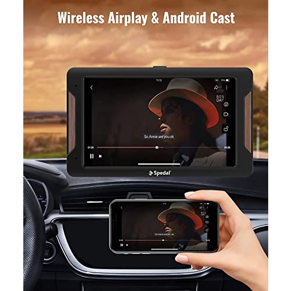 Spedal 7 Inch Wireless Apple CarPlay and Android Auto, Portable Car Stereo with Mirror Link, Multimedia Player, Bluetooth, AUX/FM, Google and Siri Assistant, Dash or Windshield Mounted