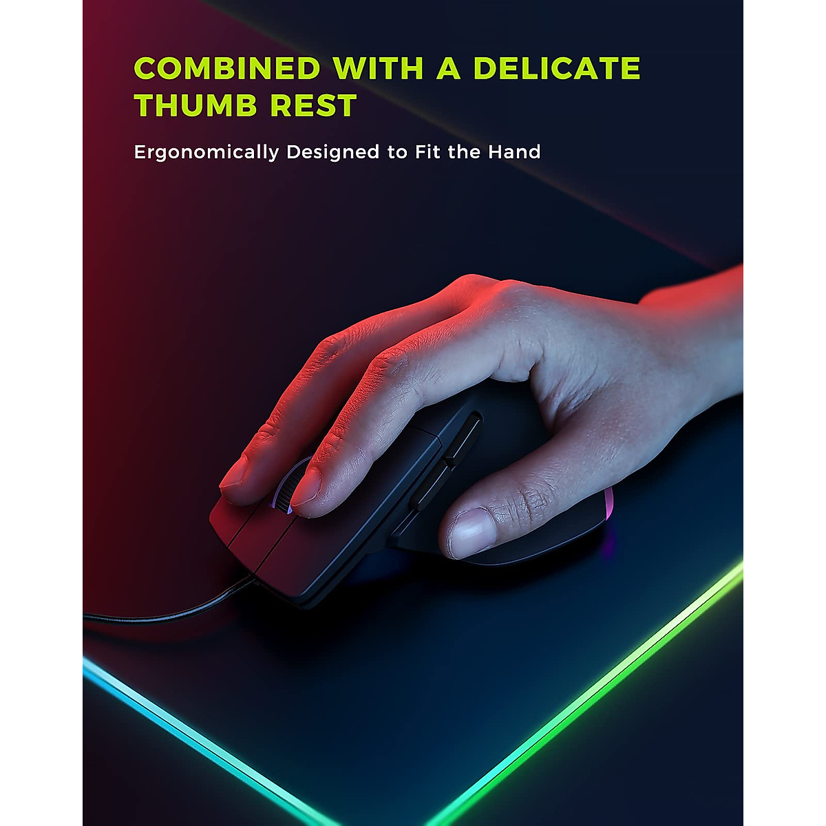 Wired RGB Mouse for Laptop, Ergonomic Computer Mouse, Quiet Click, 4-Level DPI, 7 Buttons, LED Light with Thumb Rest Mouse Compatible for PC/Desktop/Notebook/MAC/Gamer(for Right Hand, Large), Black