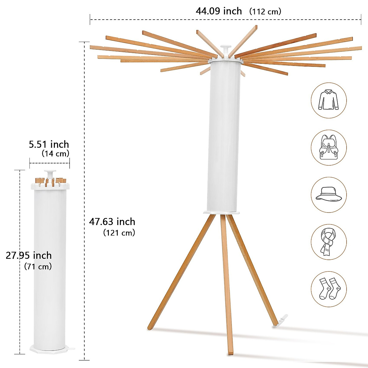 Tripod Clothes Drying Rack,Collapsible and Portable Clothes Drying Rack,16 Wooden Poles,Folding Drying Rack for Clothes,Indoor& Outdoor Holder