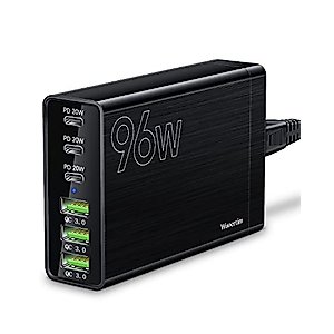 USB C Charger, Wuoertim 96W 6 Port USB C Charging Station, Portable Multiport USB C Wall Charger PD Fast Adapter with 3 USB-C Ports +3 USB-A Ports for iPhone 14 13 Pro Max,iPad Series, Samsung Galaxy