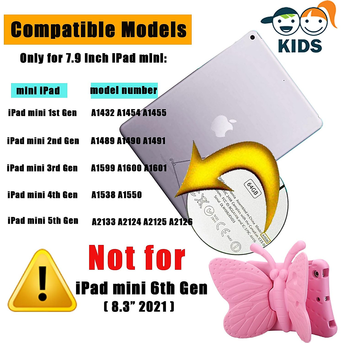 iPad Mini Case for Kids, Light Weight Cute Butterfly Design Shockproof Drop-Proof Soft EVA Foam Protective Tablet Case Cover for Apple iPad Mini 1/2/3/4 - Pink