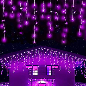 LED Icicle Christmas Lights Outdoor/Indoor 32.8ft 8 Modes Fairy Lights 60 Drops with 300 LED Perfect Ratio, Dripping Eaves Curtain Lights, for Xmas Garden Wedding Patio Party Decorations, Purple