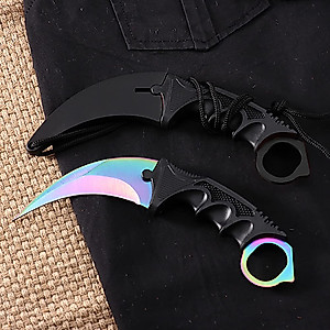 LDIWEE Karambit Knife, CS-GO Game Knife Fixed Blade Knife, Stainless Steel Knife with Sheath and Cord for Camping Hunting Hiking Adventure Collection - Rainbow and Black