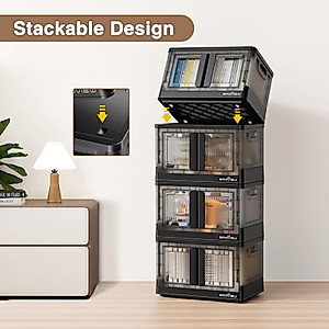 BROVIEW V6 Storage Bins with Lids, 136 QT Stackable Storage Bins with Wheels, Collapsible Storage Bins with Doors, Folding Storage Cabinets for Closet, Home Office Dorm Organizer Essential, Black