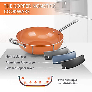 SHINEURI 12 Inch Nonstick Copper Wok and Stir Fry Pan with Lid, Copper Nonstick Wok with Lid, Copper Fry Wok Copper Pan Copper Skillet, Induction Compatible - 12 Inch Wok Pan with Lid & Steamer Basket