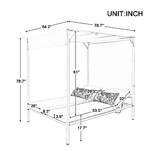 GOAWGO Outdoor Patio Daybed with Canopy-Double Chaise Lounge, 2-Person Sunbed with Comfy Cushions & Throw Pillows, Adjustable Small Tabletop, Sunshade Curtains, 3-Position Adjustable Backrest (Blue)