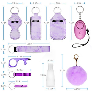 AMIR Safety Keychain Set for Women and Kids, 10 Pcs Safety Keychain Accessories, Keychain Set for Girls with Safe Sound Personal Alarm, No Touch Door Opener, Whistle and Pom, Purple