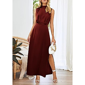 PRETTYGARDEN Women's Long Formal Satin Dress Mock Neck Sleeveless Side Slit Flowy Maxi Tank Dresses (Deep Red,Medium)