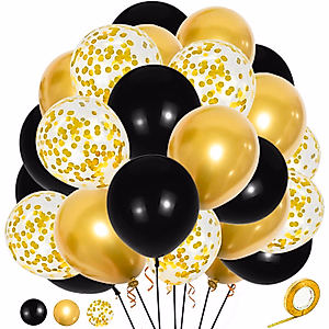 Black and Gold Balloons Kit, 12 Inches Metallic Gold Balloons Confetti Balloon and Black Balloons with Ribbon for Birthday Graduation New Year Decorations.50Pcs