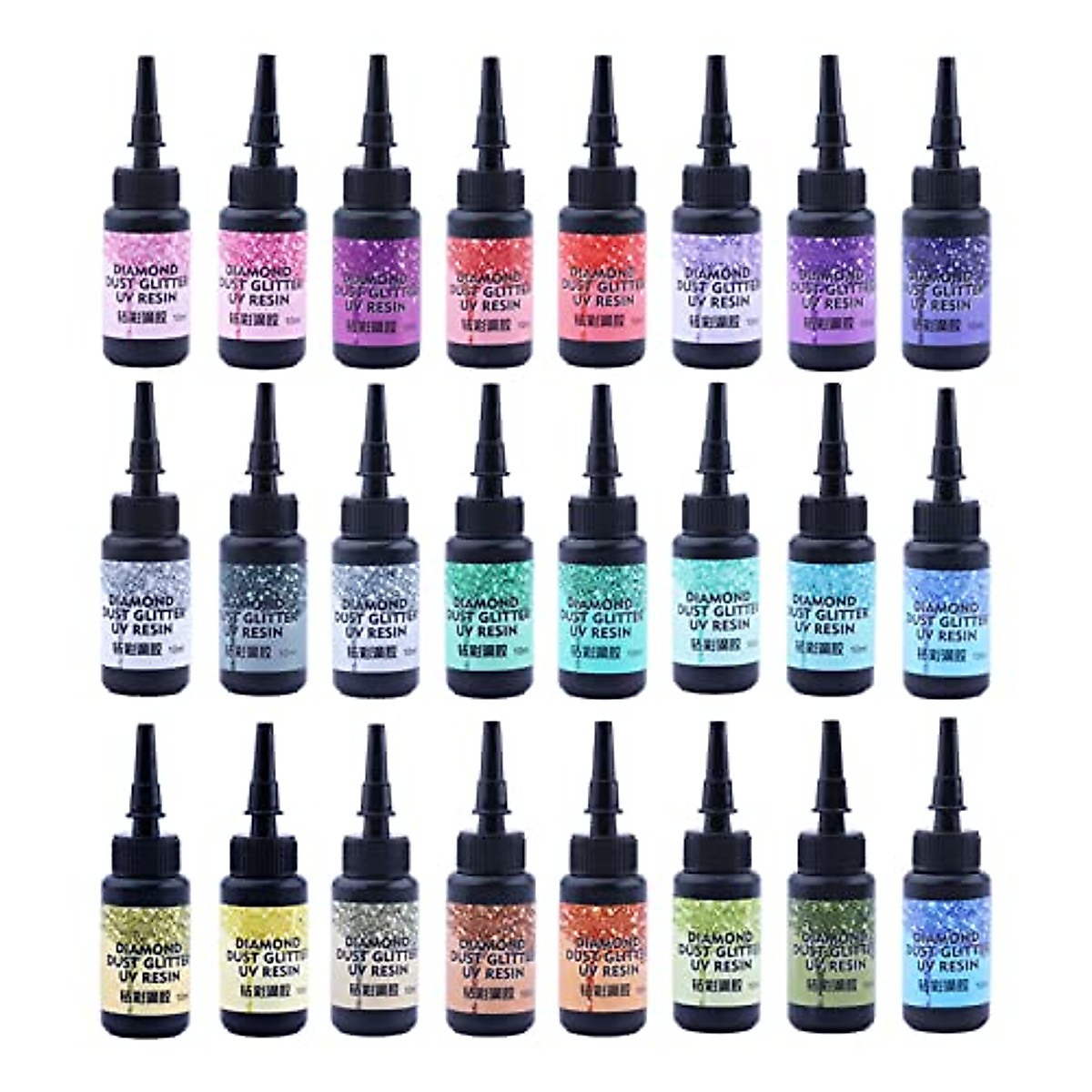 DIYcraft No Odor Colored UV Resin Diamond Glitter 24Colors - D24 UV Light Curing Ultraviolet Cure Resin Glue for Small UV Resin Molds, Jewelry Making - Earrings,Rings,Keychains - 0.35 oz/10ml Each