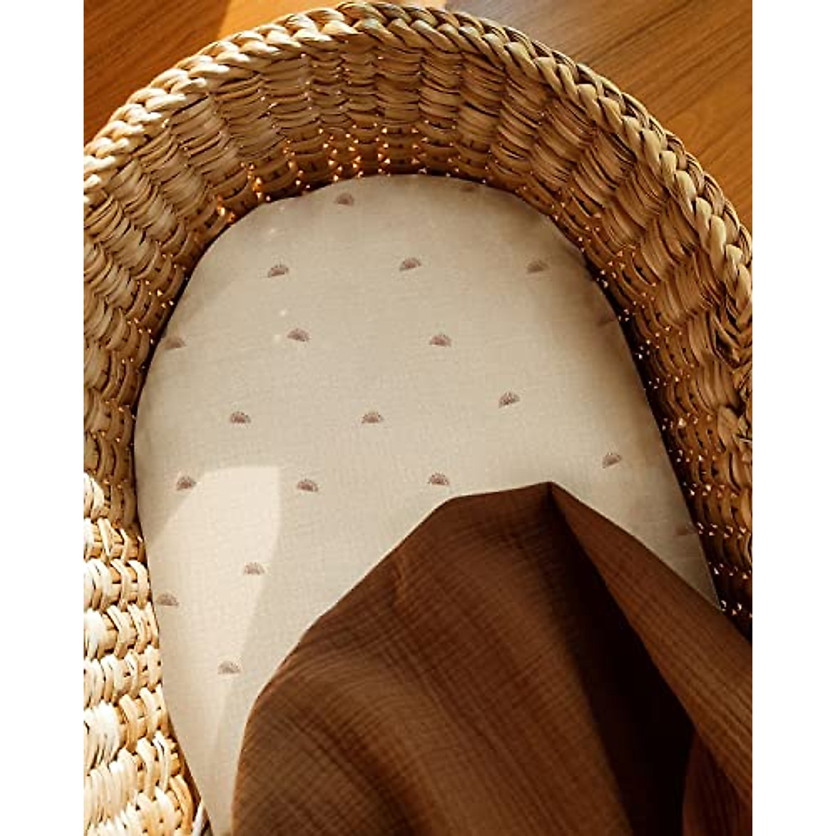 Muslin Bassinet Sheet for Baby Girl Boy, Muslin Cotton Fitted for Oval Hourglass and Rectangular Bassinet Mattress Pad, Stylish Boho Bassinet Sheets Baby Nursery, 2 Pack (Sunshine& Brown)