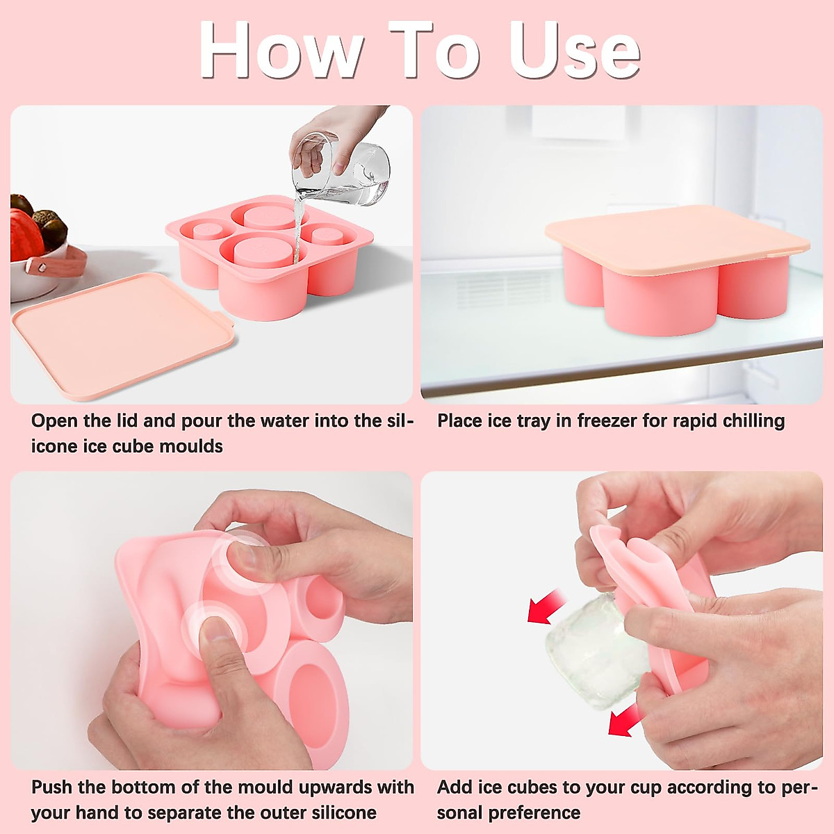 Ice Cube Tray for Stanley Cup Ice Mold 20oz 30oz 40oz Tumbler 4-Cavity Silicone Cup Ice Cube Mold Trays with Lid and Bin for Chilling Whiskey, Drinks, Coffee Easy Fill and Release Ice Maker (pink)