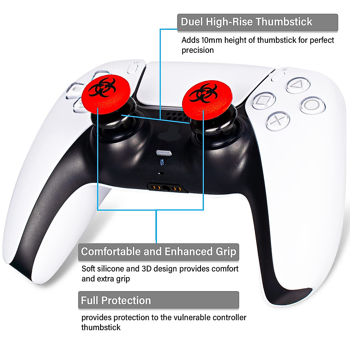 Playrealm FPS Thumbstick Extender x 2 & Printing Rubber Silicone Grip Cover x 4 for PS5 & PS4 Controller (Radiation Black & BioH Red)