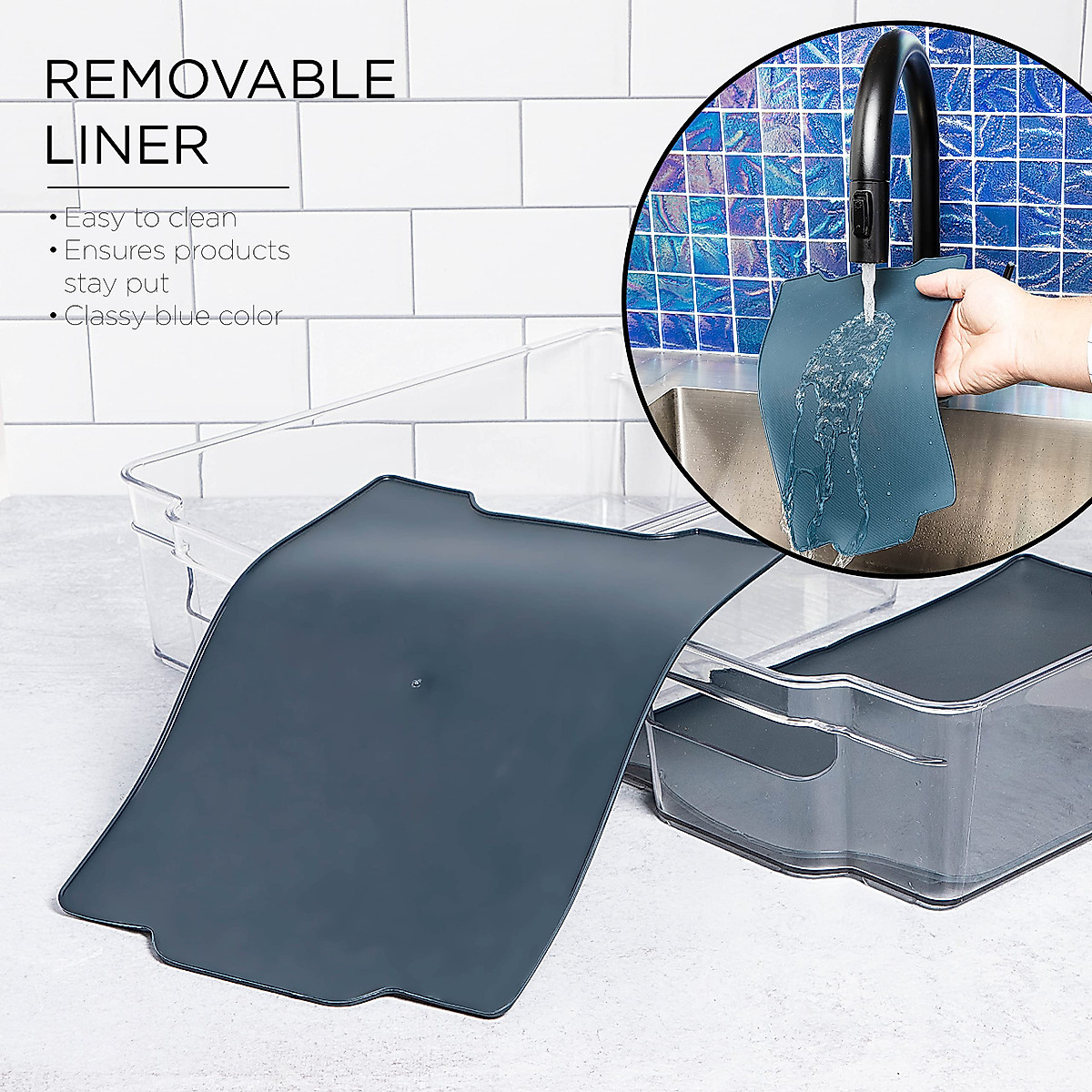 Clear Refrigerator Organizer Bins - 2 Pack Large Sized (8.25" x 12.5") Clear Bins for Fridge with Liners, Containers for Fridge and Freezer, Multipurpose Storage for Kitchen, Office, Bathroom (Blue)