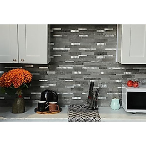 COLAMO Luxury 10 Sheet Peel and Stick Cement Gray Silver Aluminum Metal Mix Tile, Adhesive Faux Stone Tile for RV,Kitchen Sink Backsplash,Bathroom,Accent Wall, Self Stick On Wall Tile (Concrete Look)