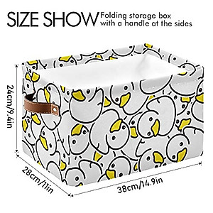 KLL Storage Bins Large Foldable Rubber White Ducky Storage Basket with Leather Handles for Home Office Closet or Shelves