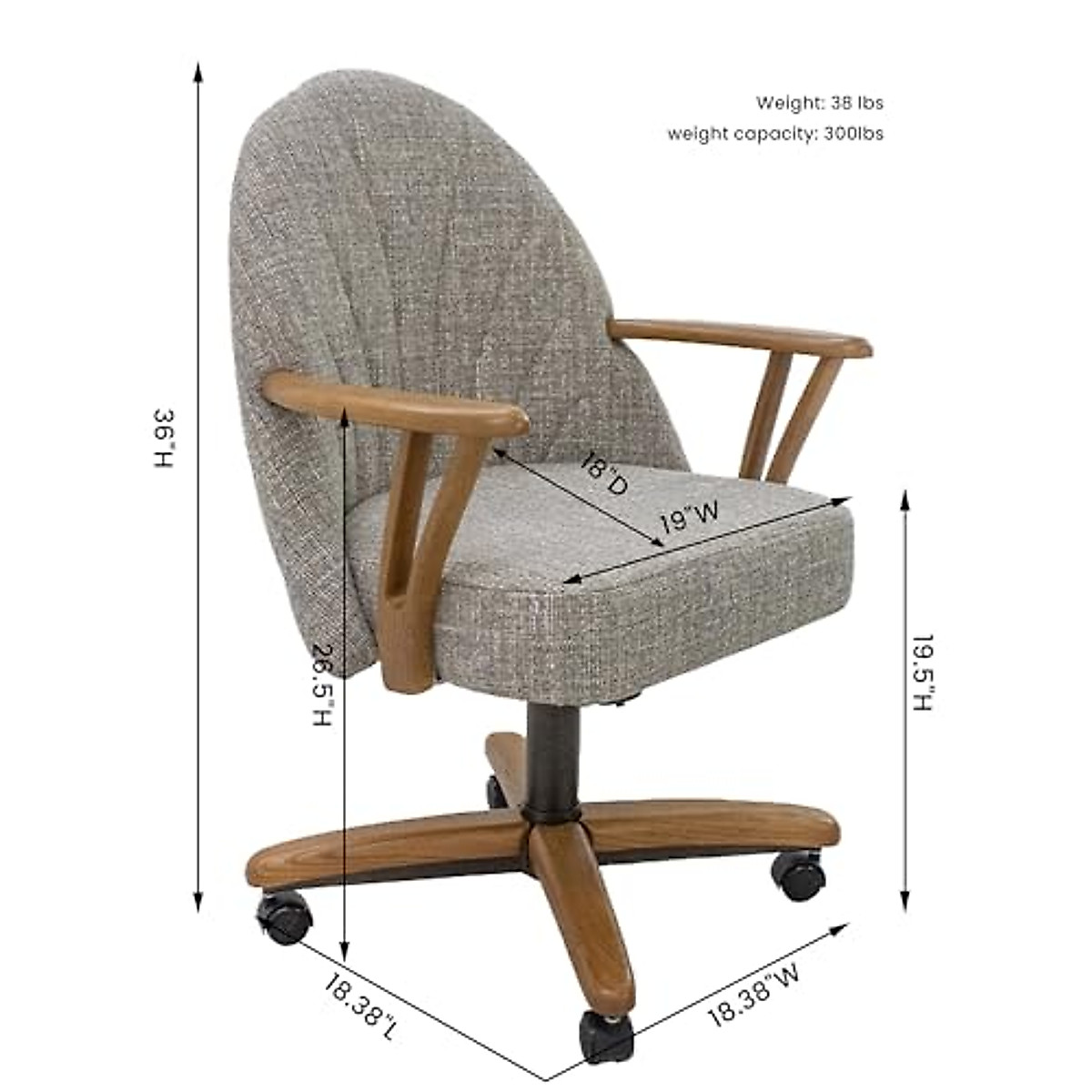 Chromcraft Set of 4 Caster Swivel Tilt Dining Chairs, Luxe Casual Wooden Arm All-Metal Pedestal Base Chairs with Rolling Wheels for Kitchen(Fonzo Marble-Medium Oak)