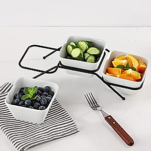 Buyajuju 3 pcs square bowl Porcelain Chip & Dip Serving Set with Black Metal Stand, 4.5inch White Small Serving Bowls for Side Dishes, Salsa, Appetizer, Serving Dishes for Entertaining