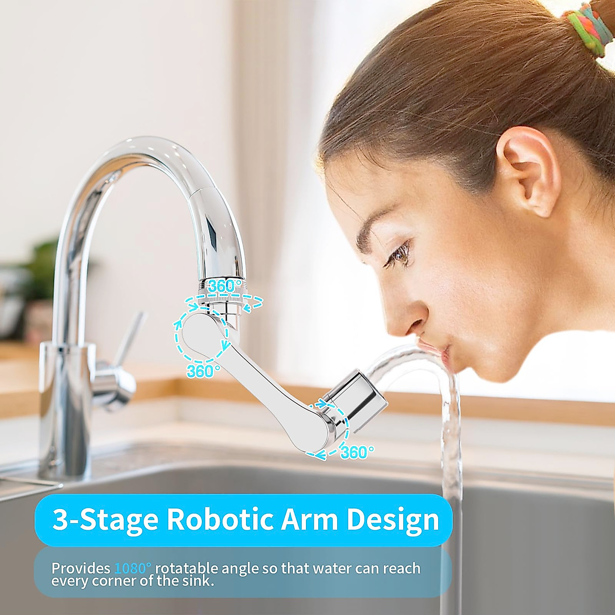 Longing Home 1080° Swivel Faucet Extender, Heavy Duty Rotating Sink Extension, Universal Swivel Multifunctional Robotic Arm, Rotating Splash Filter Extension Faucet Aerator for Kitchen Bathroom-2 Pcs