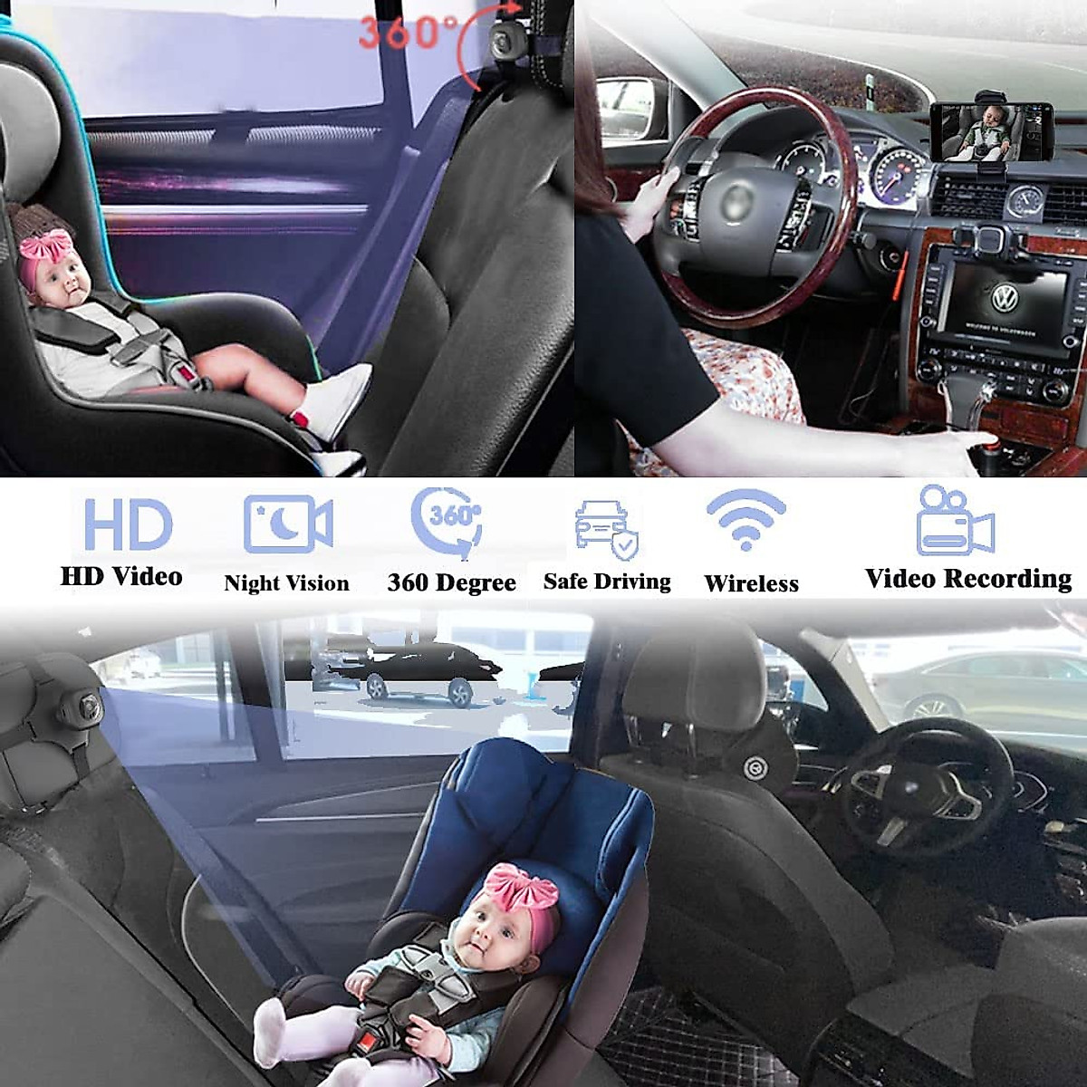 Baby Car Mirror, WIFI Wireless Baby Car Camera, Baby mirror for car, HD 1280P Camera Rear Facing Car Seat Mirrors, Safety Car Seat Mirror for Rear Facing Toddler Infant Child with Night Vision - Black