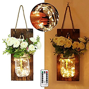 AerWo 2Pcs Mason Jar Sconces Wall Decor, Handmade Rustic Wall Sconces with LED Fairy Lights and Flowers, Hanging Mason Jar for Farmhouse Kitchen Decorations Wall Decor Living Room Lights