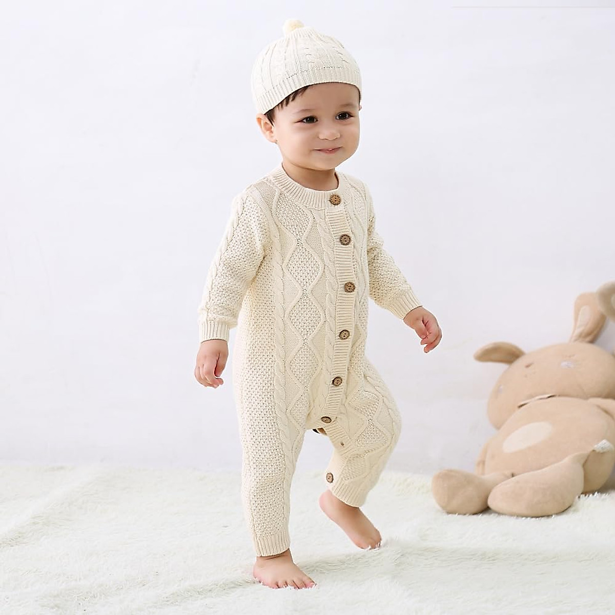 JunNeng Baby Newborn Cotton Knitted Sweater Romper Longsleeve Outfit with Warm Hat Set,Beige,3-6 Months
