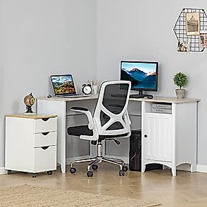 HOMCOM L-Shaped Computer Desk with Open Shelf and Storage Cabinet, Corner Writing Desk with Adjustable Shelf, White