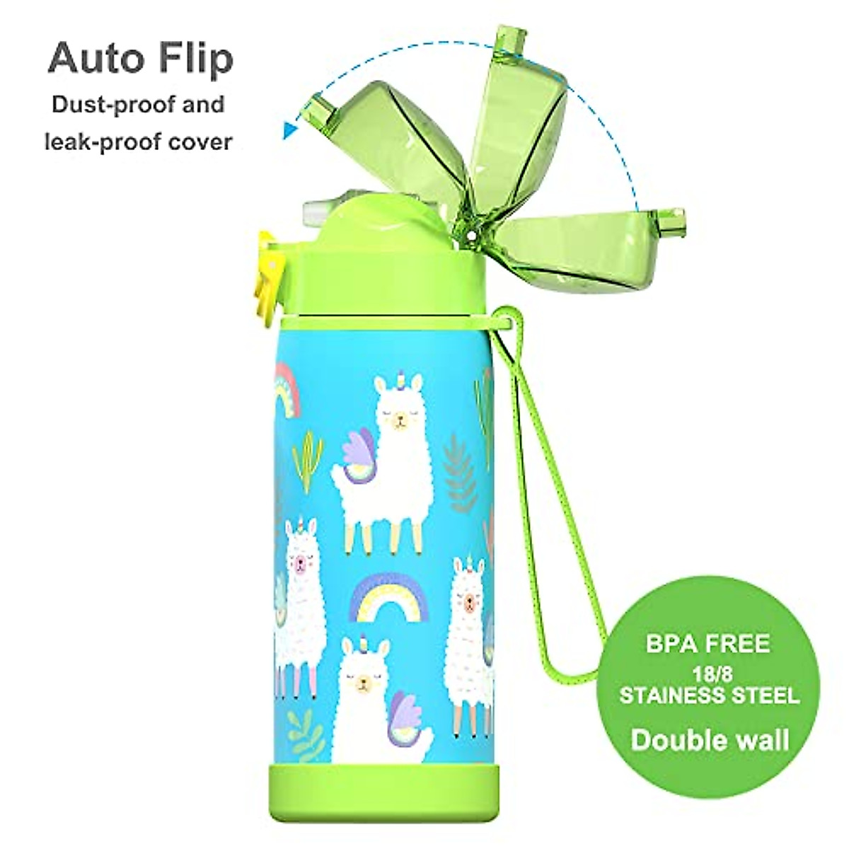 16 oz Insulated Water Bottle with Straw for Kids, Durable Stainless Steel & Leak Proof One Click Open Soft Sipper & Protective Silicone Boot (Llama)