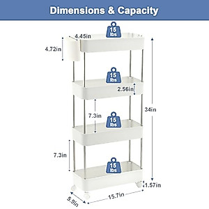 VECELO Storage Rolling Cart, 4 Tier Utility Cart Kitchen Slim Mobile Storage Unit Organizers with Wheels Hooks&Hanging Cups for Bedroom Bathroom Office Table Side in Narrow Places, White