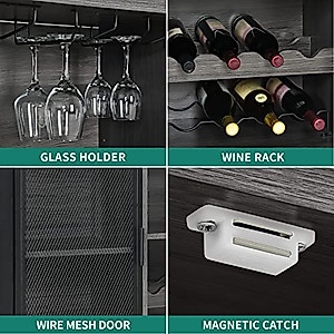 YITAHOME Industrial Sideboard Buffet Cabinet w/Wine Rack, Glass Cups Holder, Rustic Wine Cabinet Bar Cabinet Mesh Door for Liquor and Glasses, Liquor Cabinet Bar for Home (55 Inch, Dark Oak)