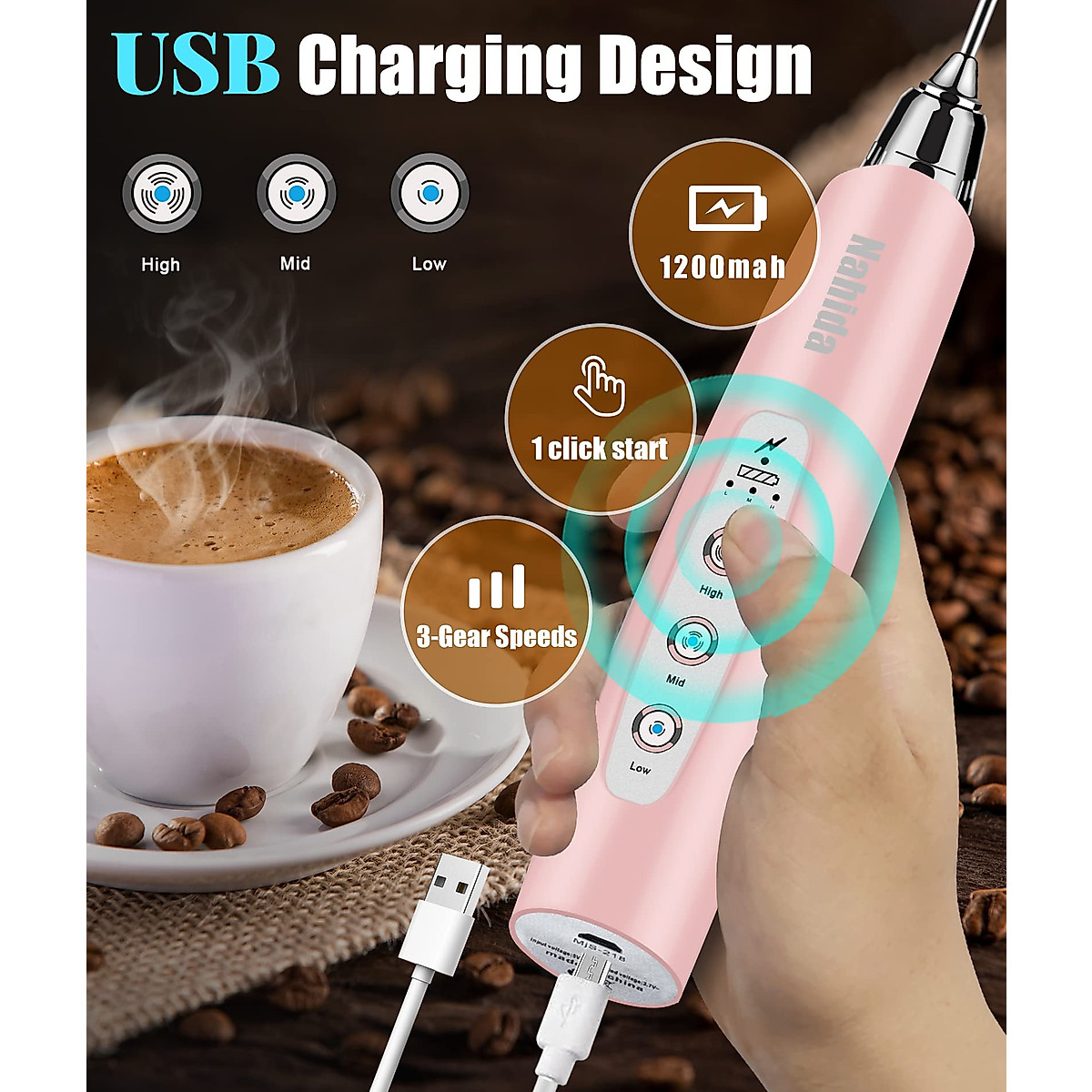 Nahida Pink Milk Frother Wand for Coffee, Frother Handheld with Stand Rechargeable Electric Whisk with 3 Heads 3 Speeds Drink Mixer Coffee Frother Foam Maker For Latte, Cappuccino, Hot Chocolate, Egg