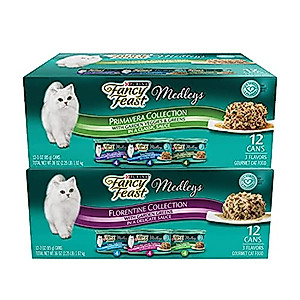 Fancy Feast Duo Premavera & Florentine Set Cat Food Wet Medleys (1 Pack Each Primavera & Florentine, 24 cans Total)