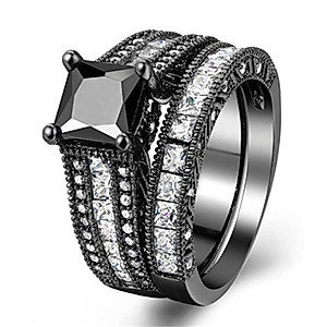 AIMAOMI 2pcs Women Engagement Ring Set Cubic Zirconia Bridal Wedding Band Square Cut Simulated Diamond Ring (Black, 10)