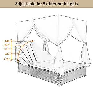 LUMISOL Outdoor Patio Chaise Lounge, Patio Sunbed Canopy Bed Daybed with Retractable Canopy, Rattan Sun Lounger Patio Loveseat Sofa Set with Curtains